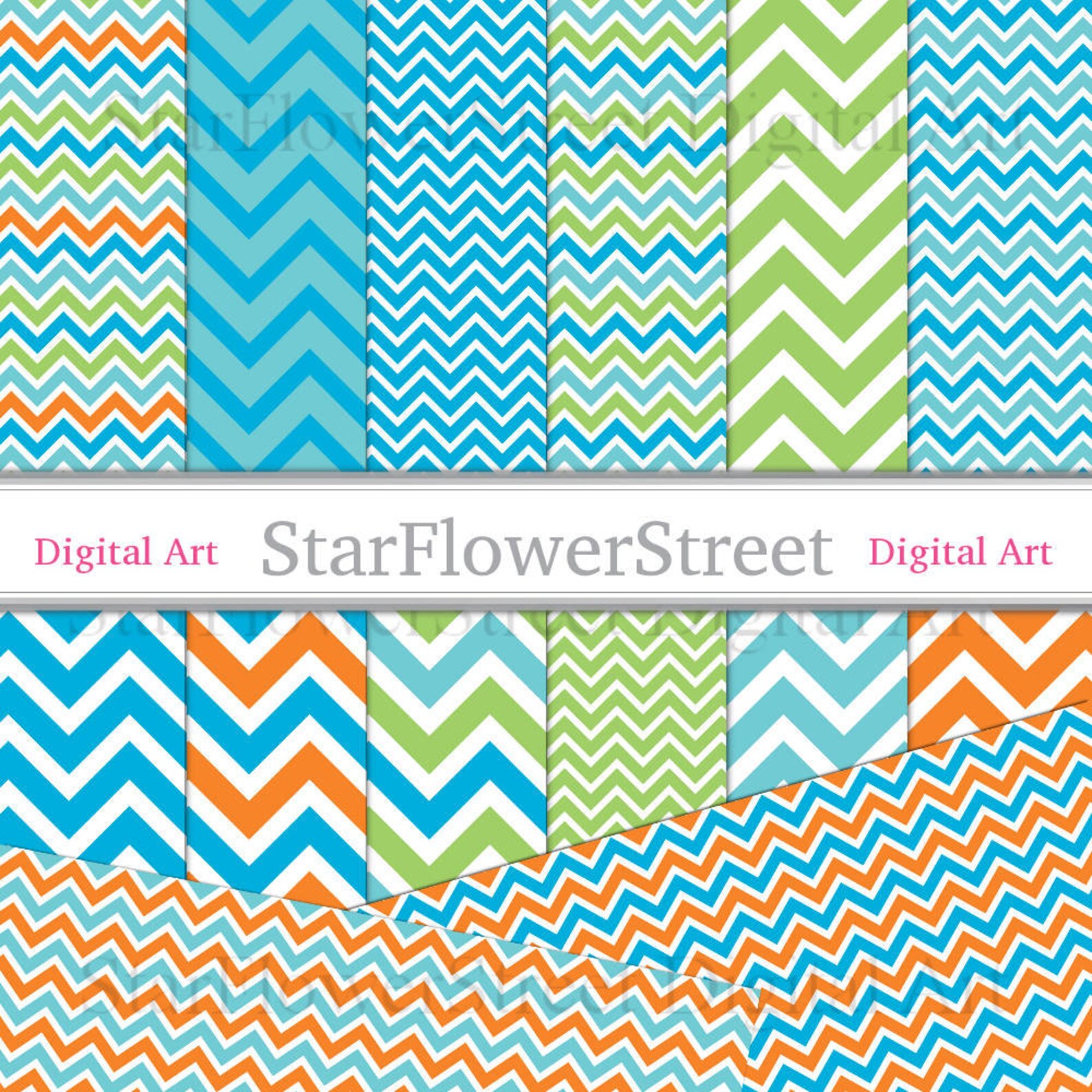 Chevron Digital Scrapbook Paper Background bright blue green | Etsy