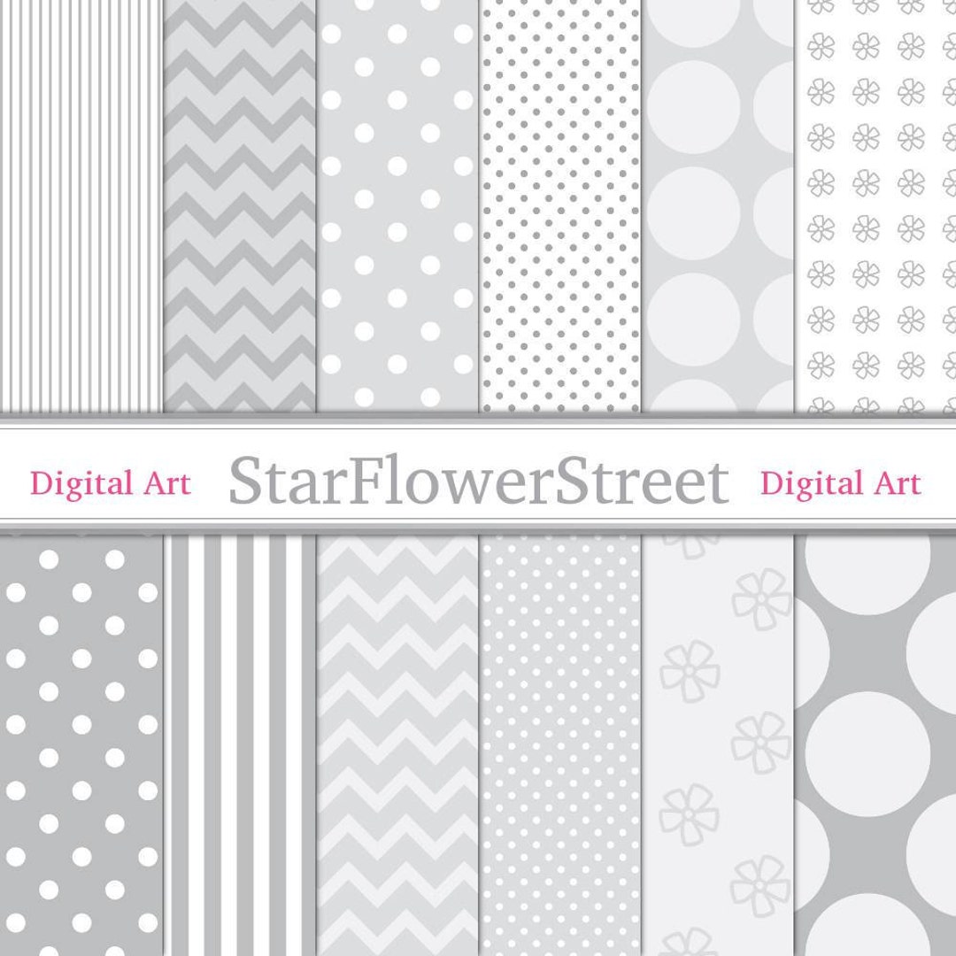 Gray Pattern Digital Paper - Soft Grays and White Polka Dot, Chevron ...