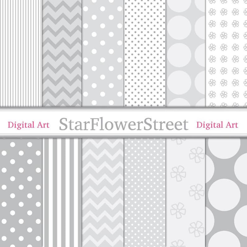 Gray Pattern Digital Paper Soft Grays and White Polka Dot, Chevron ...