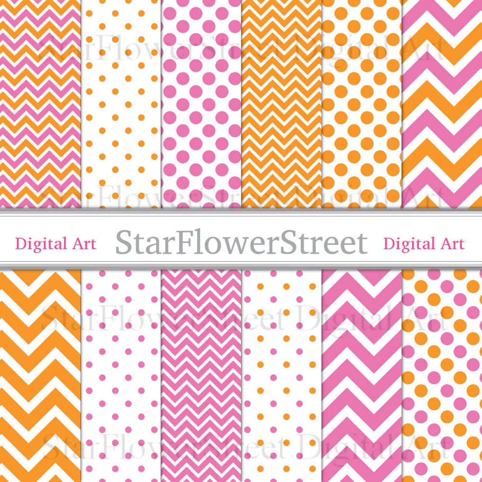 Pink Orange Chevron Polka Dot Digital Paper Hot Pink Instant | Etsy