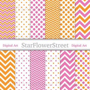 Pink Orange Chevron Polka Dot Digital Paper Hot Pink Instant Download ...