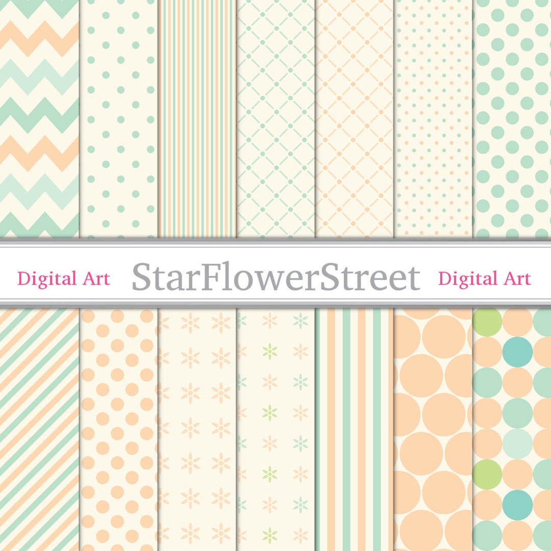 Mint Green and Peach Digital Paper Scrapbook - Polka Dots Stripe ...