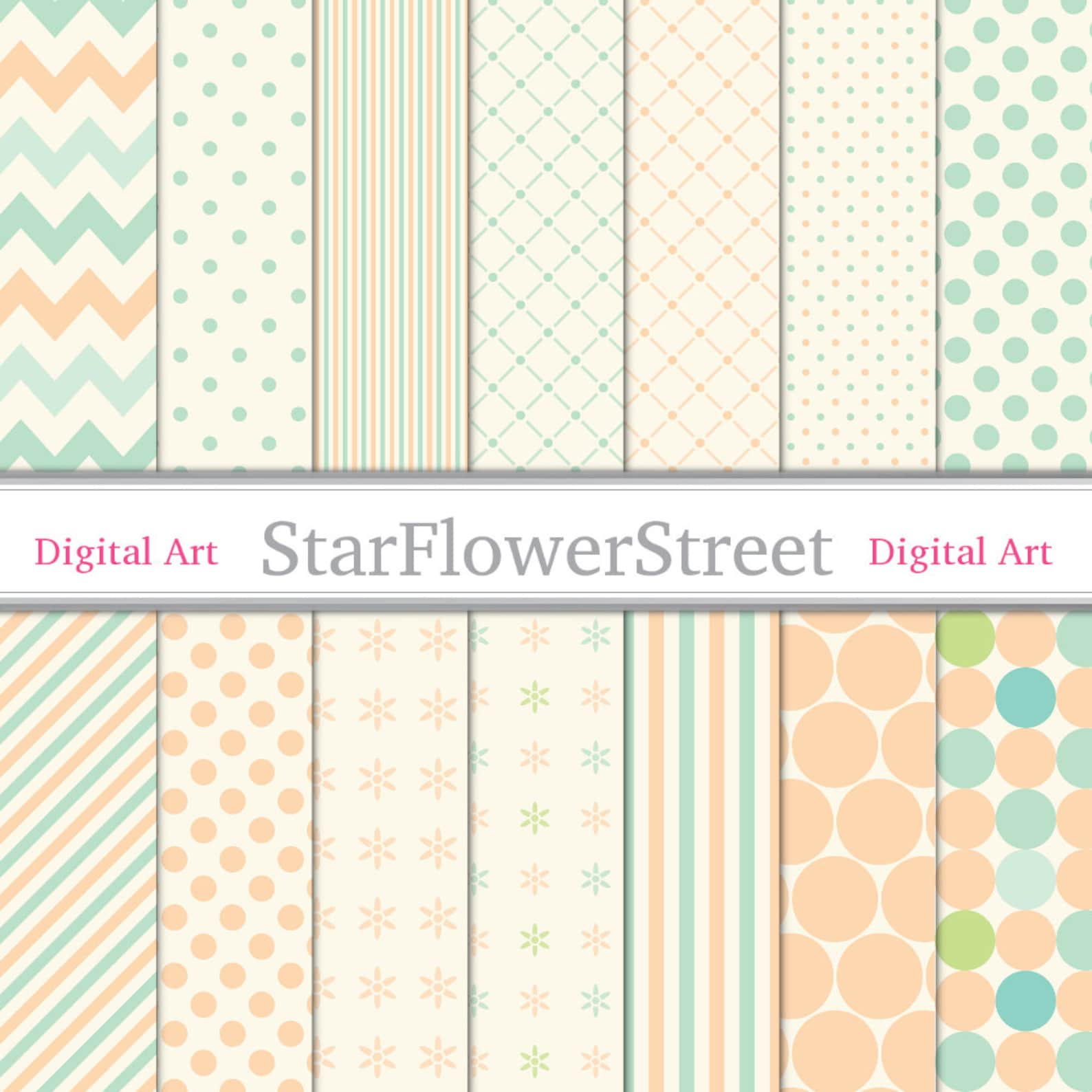 Mint Green and Peach Digital Paper Scrapbook - Polka Dots Stripe ...