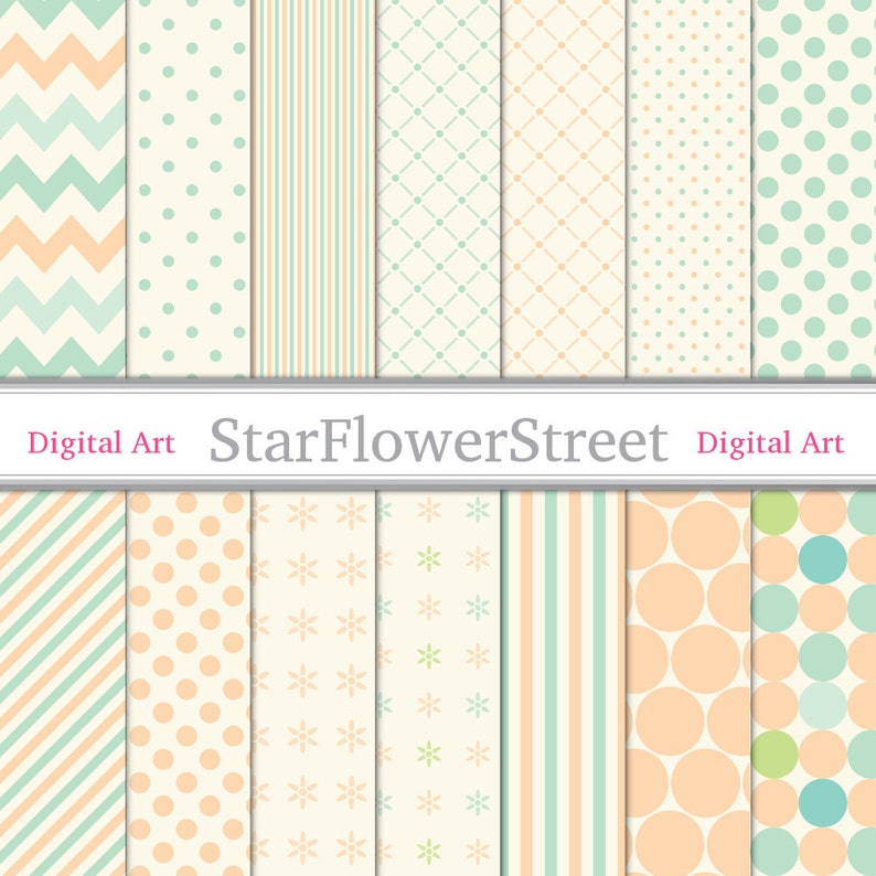 Mint Green and Peach Digital Paper Scrapbook - Polka Dots Stripe ...