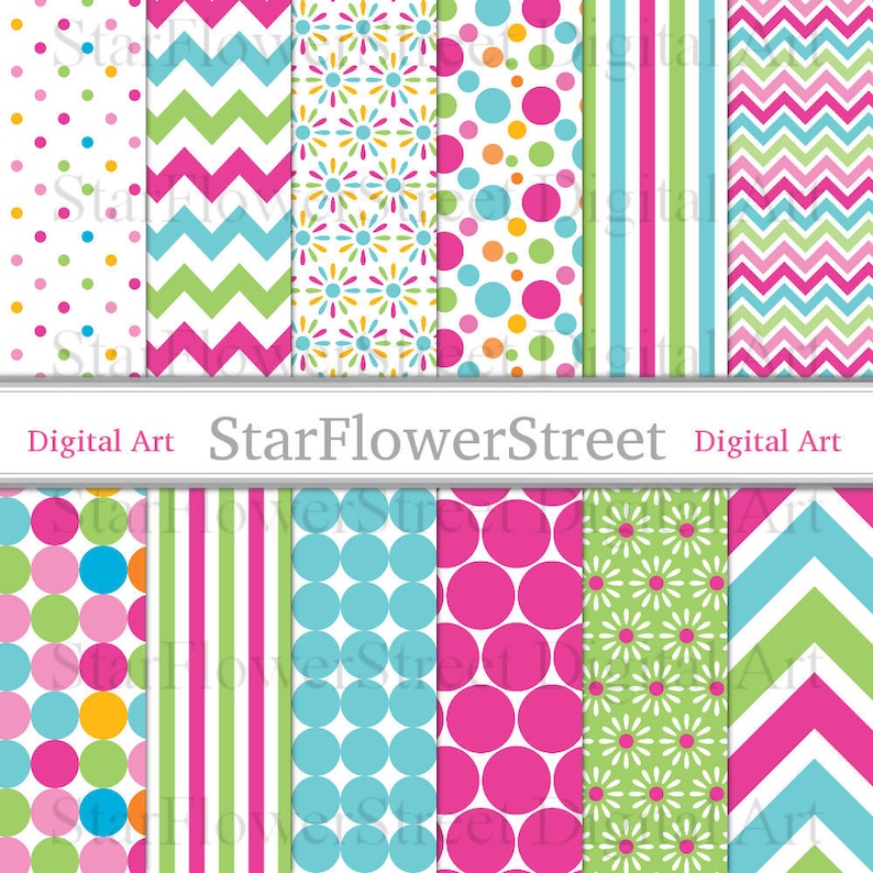 Pink Turquoise Green Digital Paper Scrapbook Background Chevron Polka ...