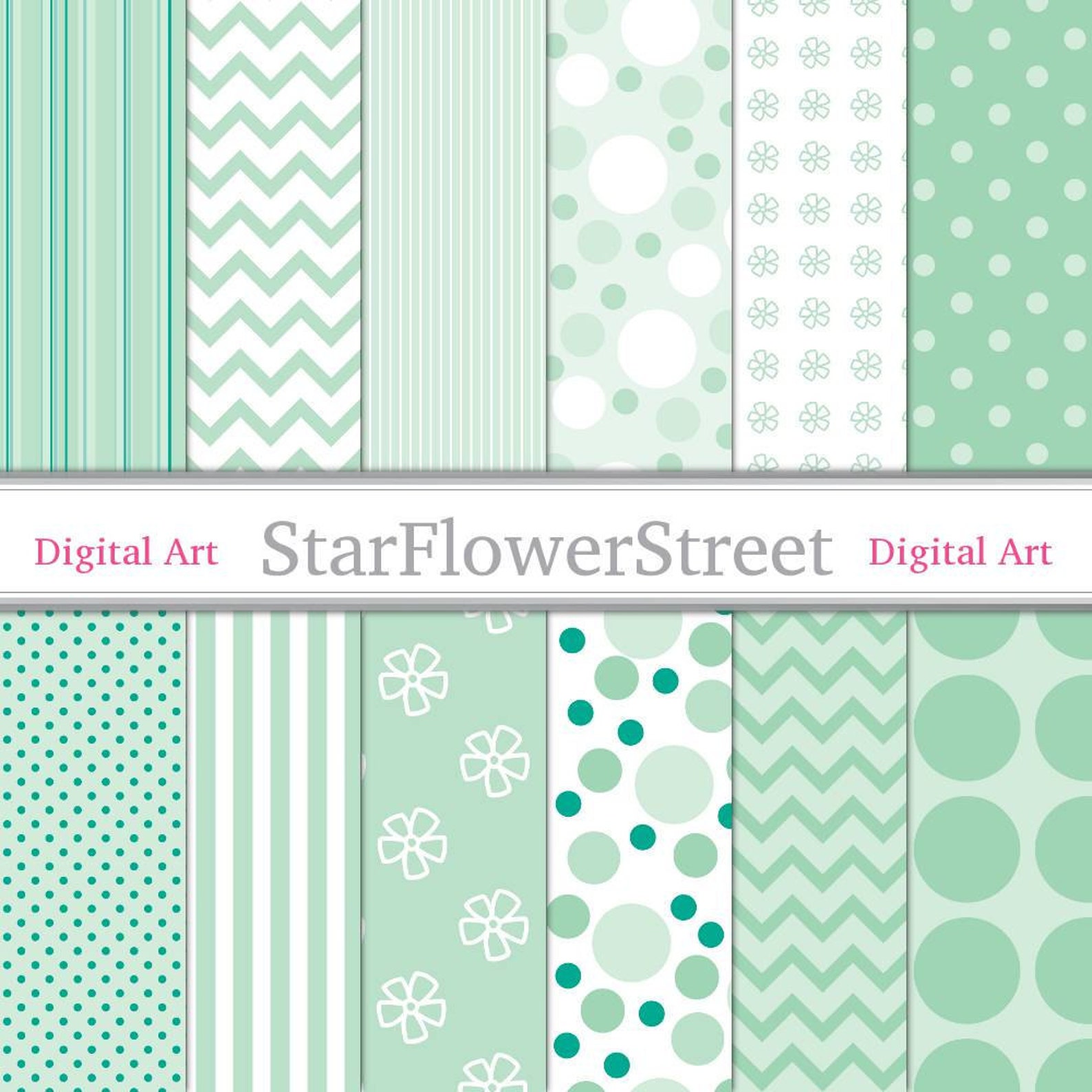 Mint Green Digital Paper Patterns Soft Pastel Green and - Etsy