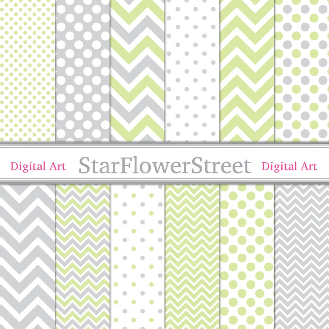 Green Gray Digital Paper Soft Grey Lime Green Polka Dot Chevron ...