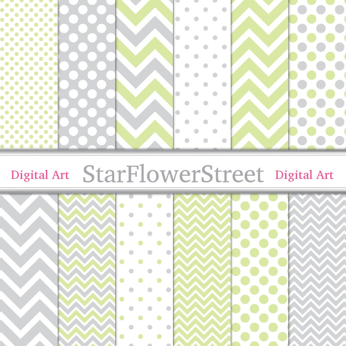 Green Gray Digital Paper Soft Grey Lime Green Polka Dot Chevron ...