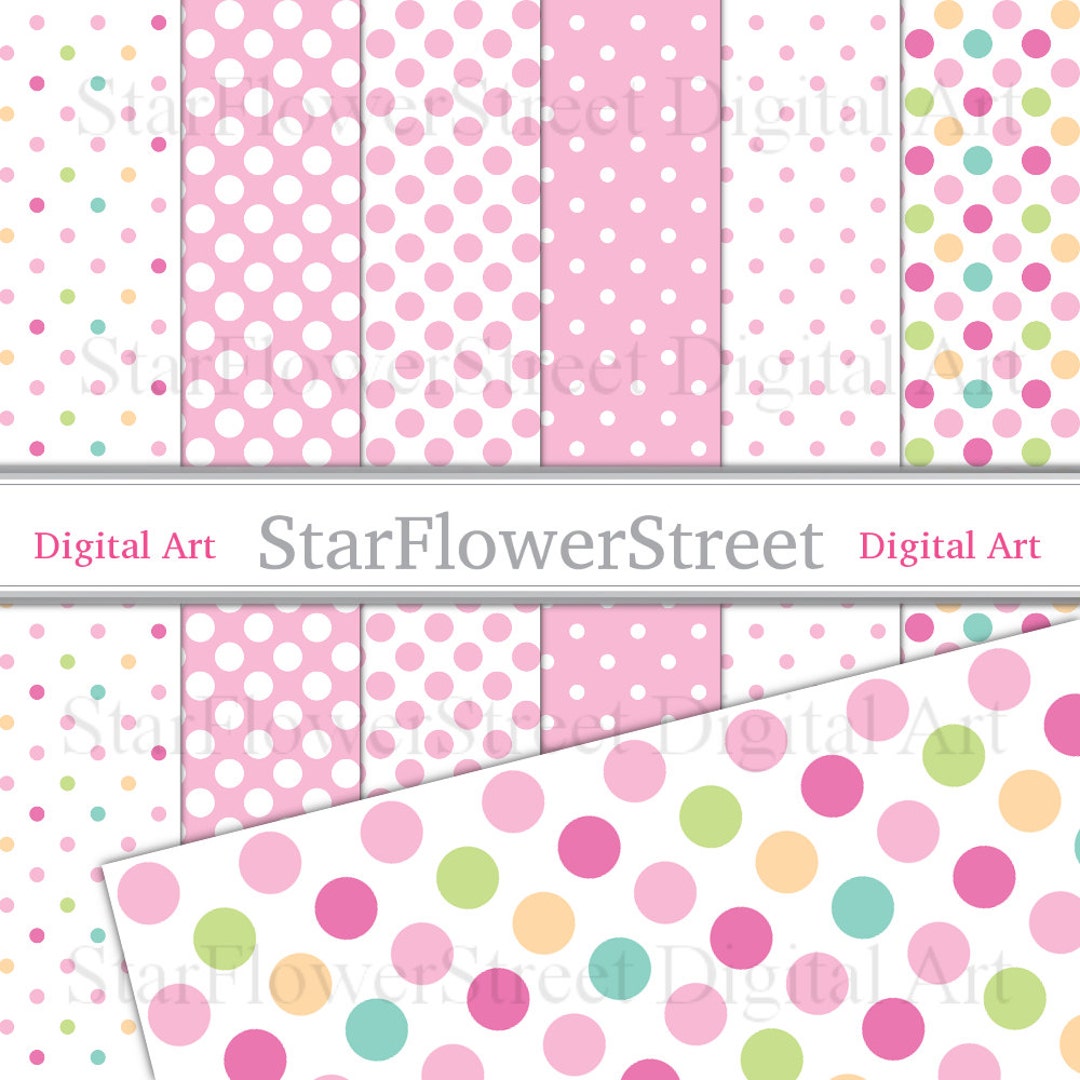 Pink Polka Dot Digital Paper - Pastel Pink With Rainbow Dots Small ...
