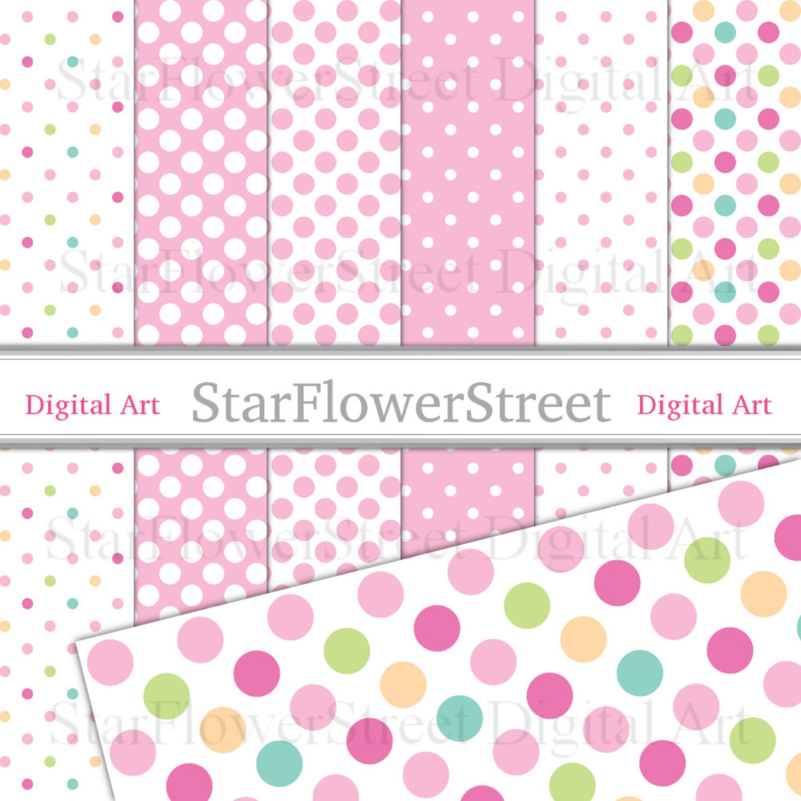 Pink Polka Dot Digital Paper Pastel Pink With Rainbow Dots Small Large ...