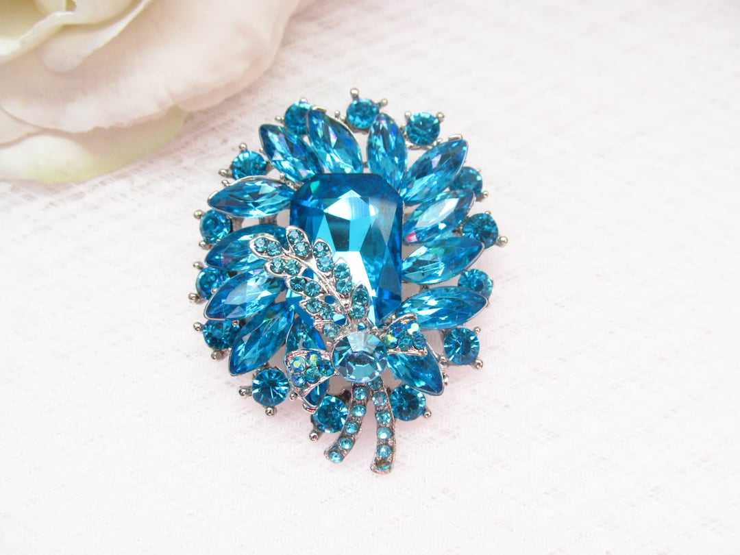 Turquoise Blue Rhinestone Brooch / Blue Crystal Brooch Component ...
