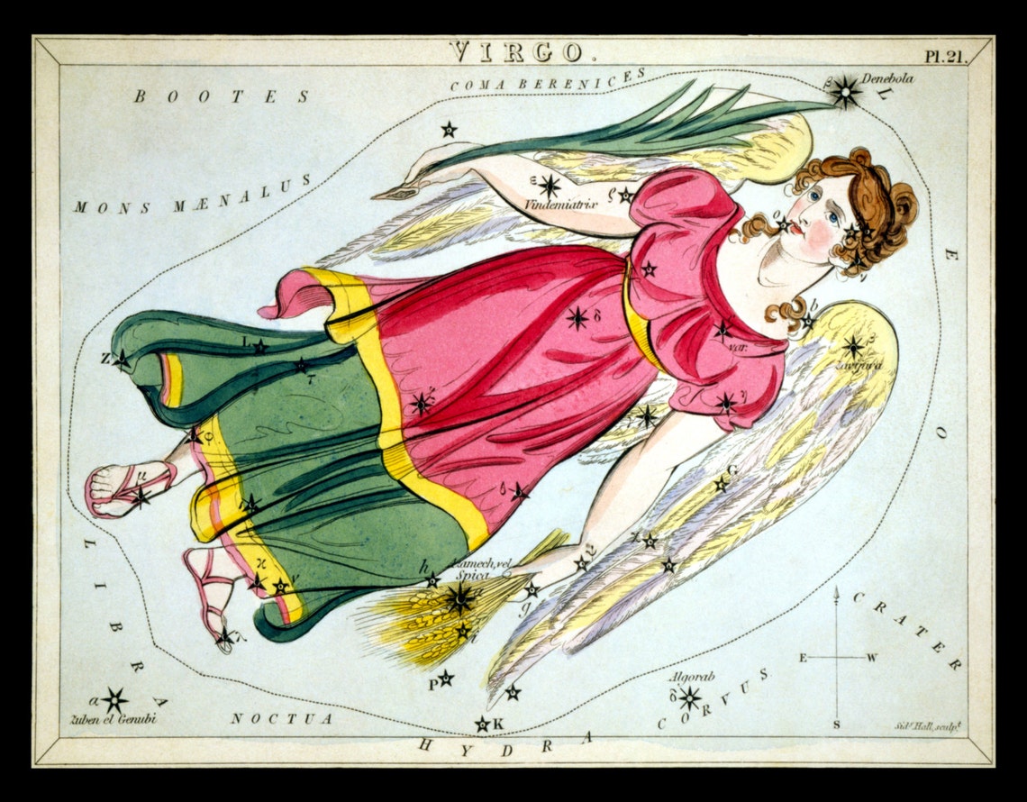 VIRGO August September Constellation ZODIAC Star Chart ASTRONOMY ...