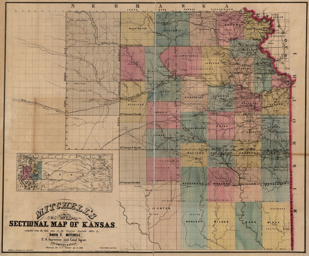 1859 Map of Kansas DIGITAL DOWNLOAD Mitchell's Map of Kansas - Very ...