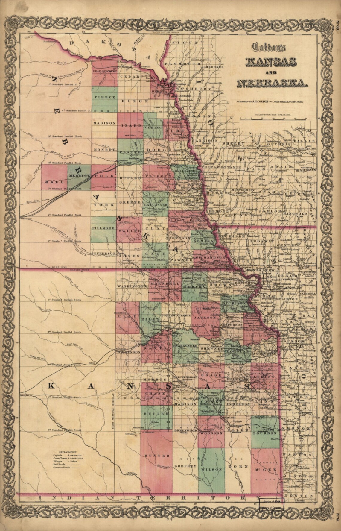 1855 Map of Kansas and Nebraska DIGITAL DOWNLOAD Colton's Map of Kansas ...