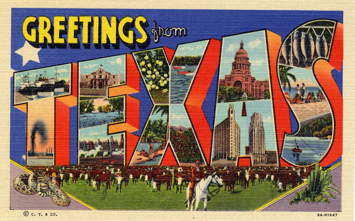 Four Different TEXAS Large Letter Greeting Postcard Digital Download ...