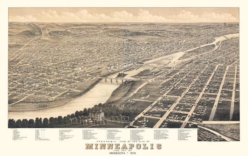Minneapolis Minnesota 1879 Bird's Eye View Panoramic Map Digitally ...
