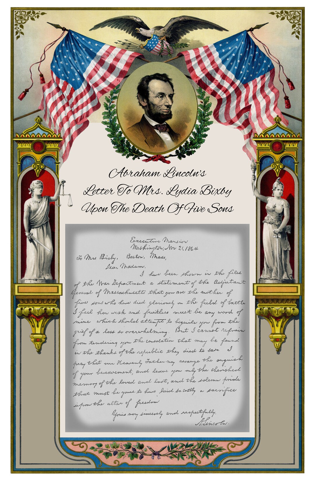 President Abraham Lincoln Letter to Mrs. Lydia Bixby on the Death of 5 ...