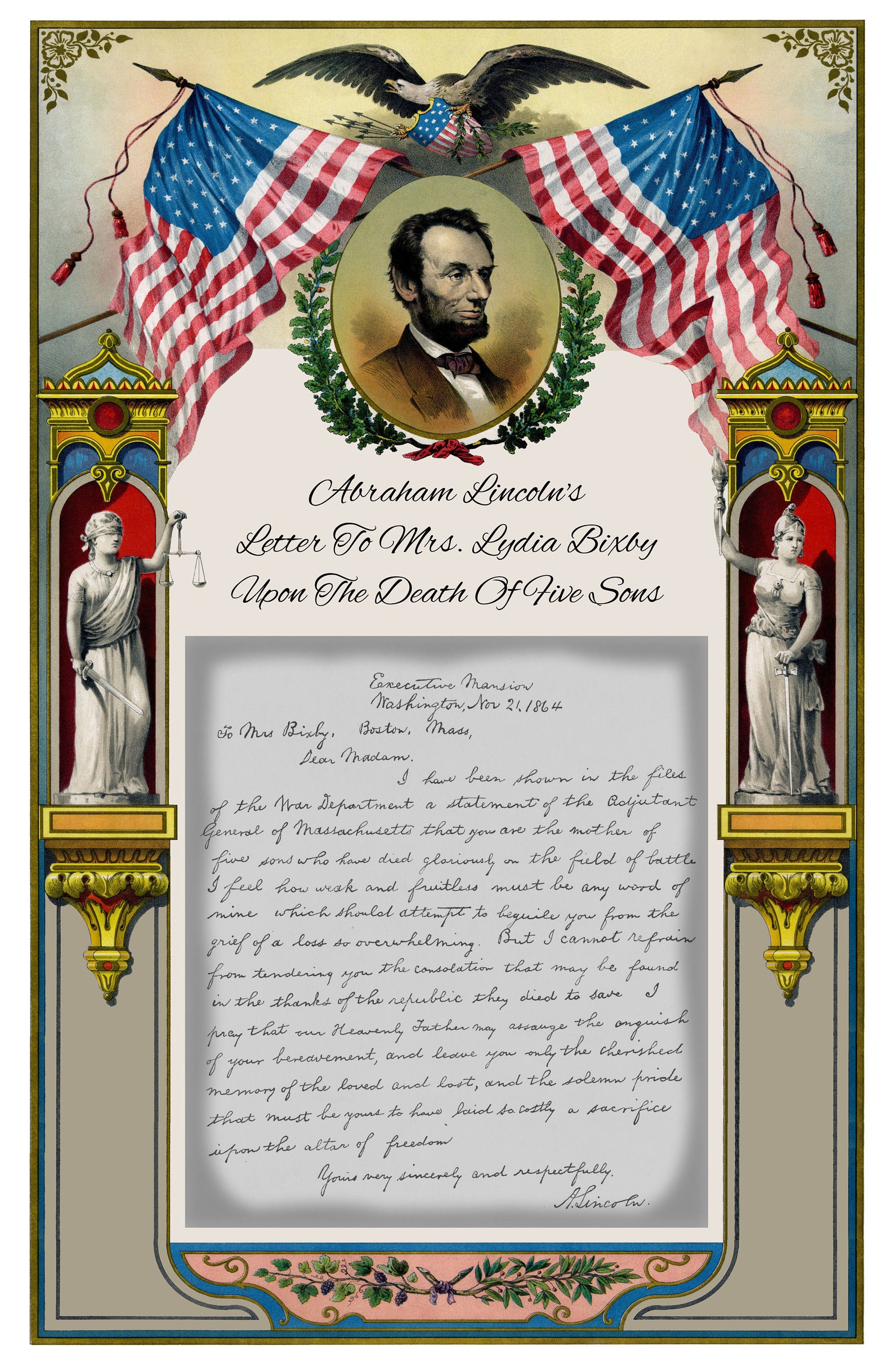 President Abraham Lincoln Letter to Mrs. Lydia Bixby on the Death of 5 ...