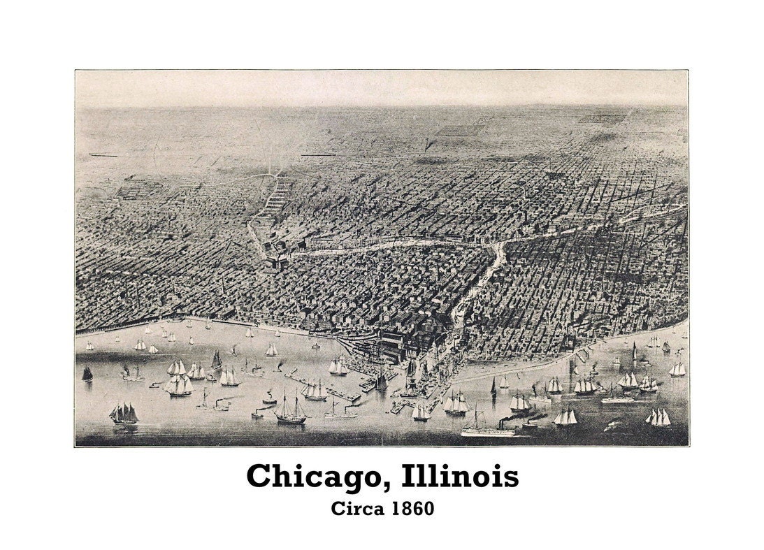Chicago Illinois 1860 Bird's Eye View Panoramic Map Digitally ...