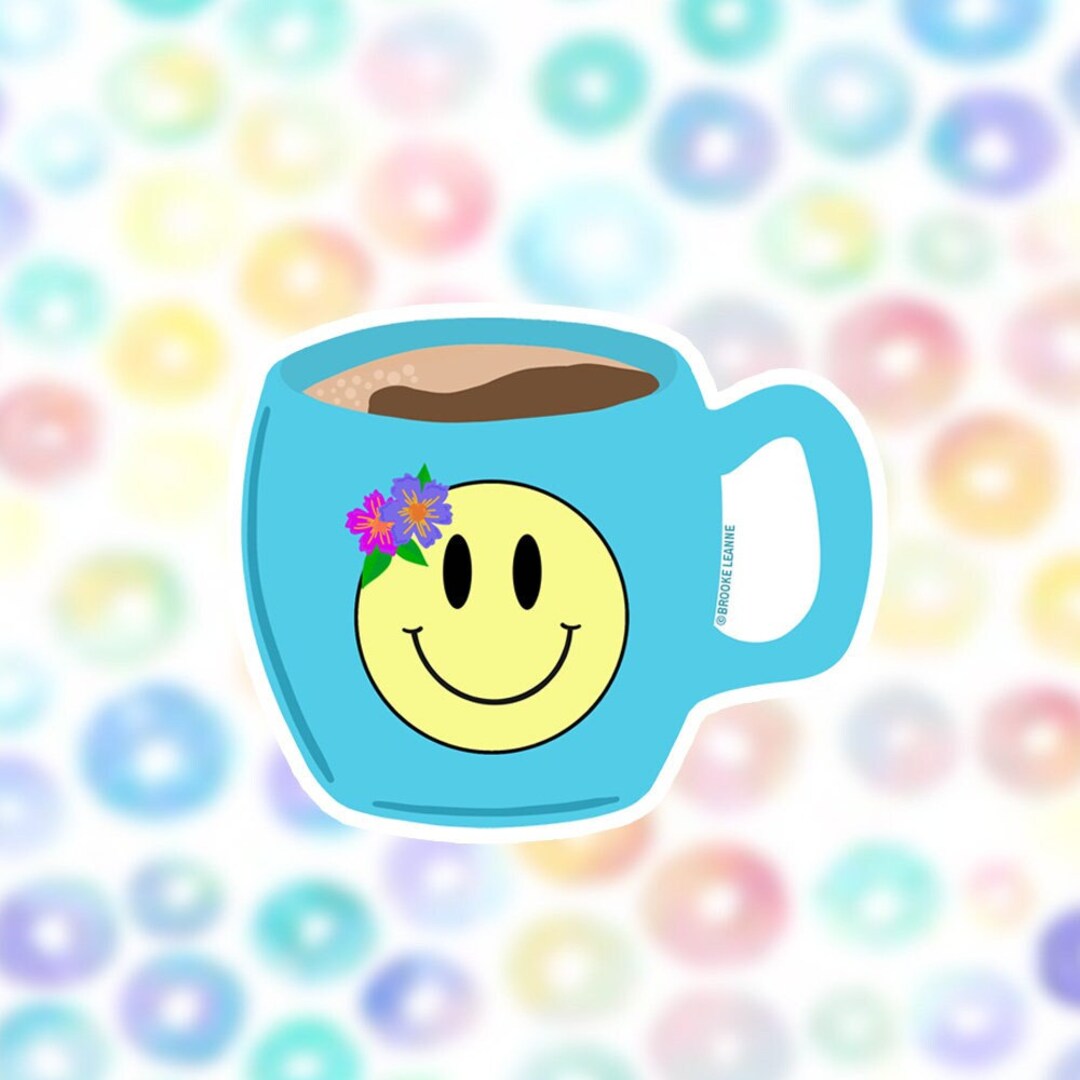 Coffee Cup Sticker | Happy Smile Face Sticker | Hippie Smiley Face ...