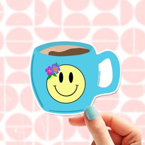 Coffee Cup Sticker | Happy Smile Face Sticker | Hippie Smiley Face ...