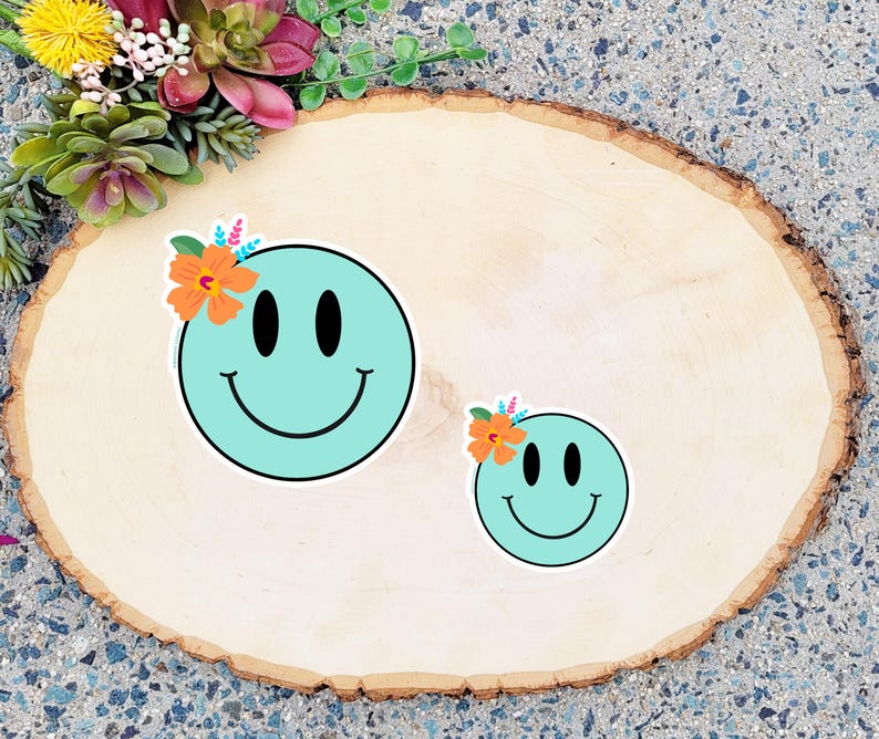 Blue Happy Face Sticker | Floral Hippie Smile Decal - Etsy