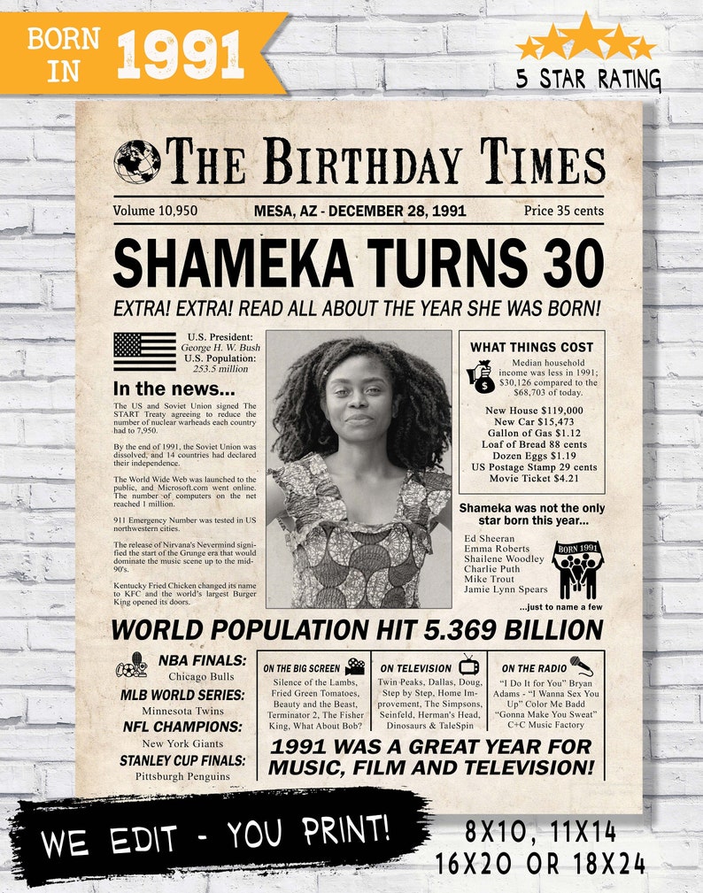 In the Year 1991 Birthday Party Decor 30th Birthday Gift for - Etsy