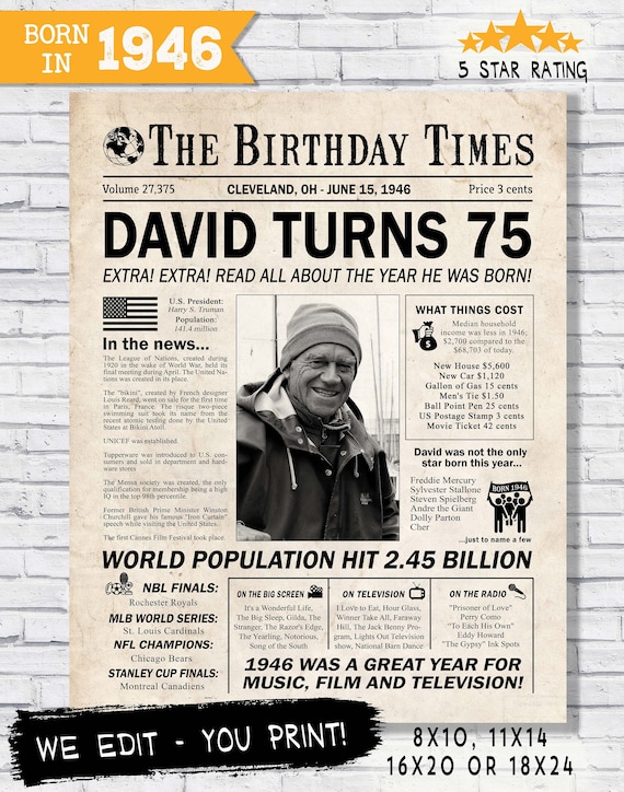 In the year 1946 birthday party decor - 75th birthday gift for him ...