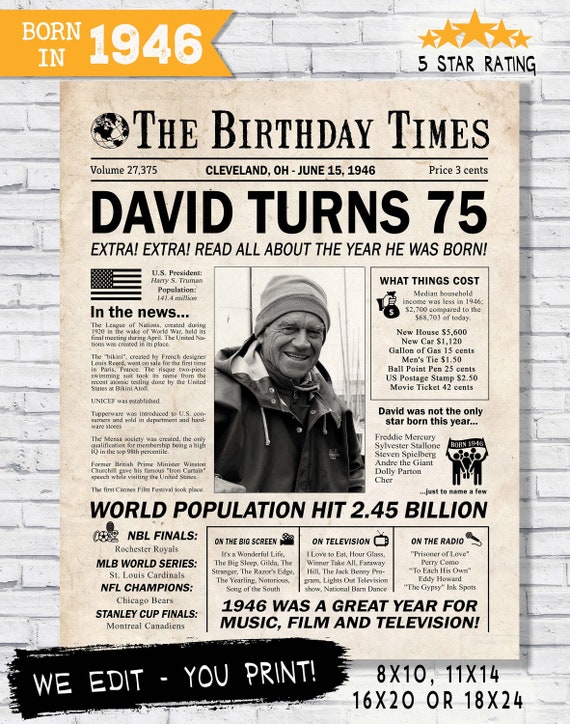 In the year 1946 birthday party decor 75th birthday gift for | Etsy