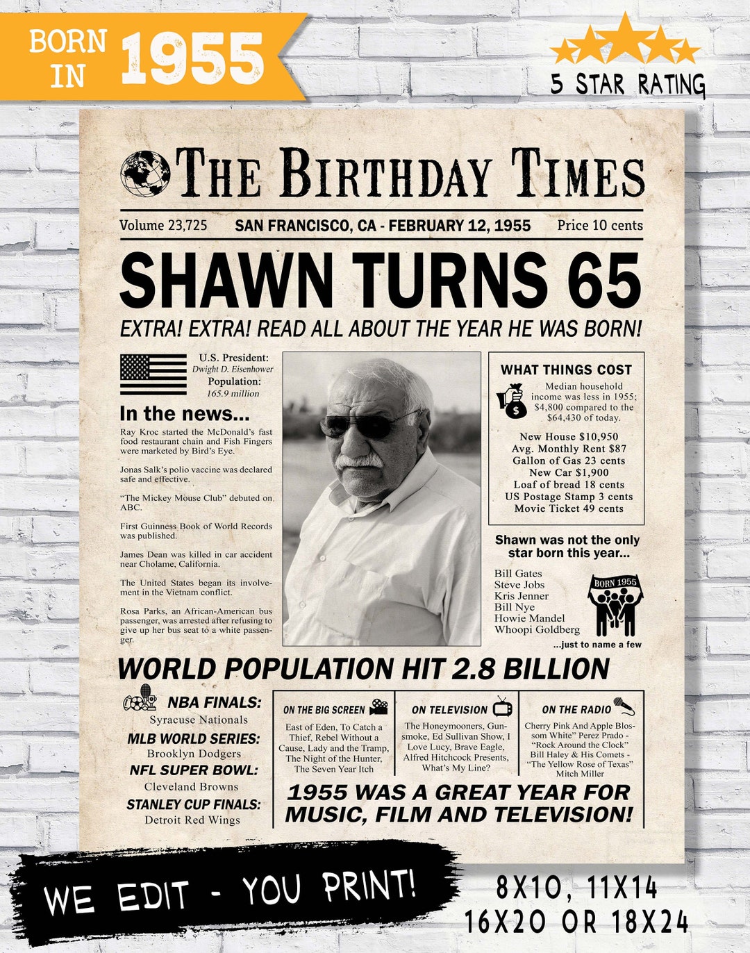 In the Year 1955 Birthday Party Decor - 65th Birthday Gift for Him ...