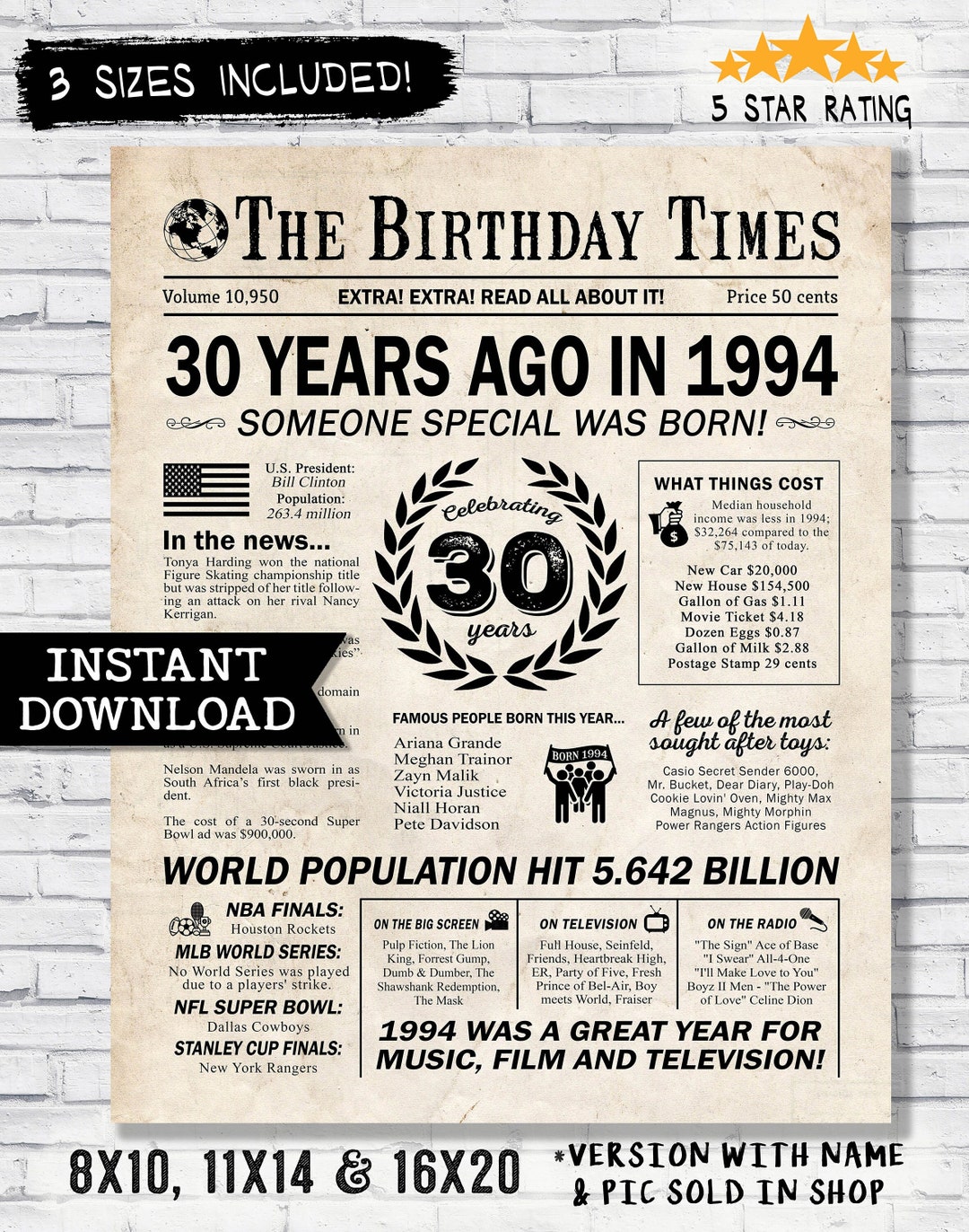 30th Birthday Decorations 30 Years Ago Born in 1994 Newspaper With Fun ...