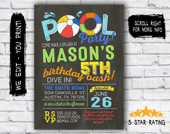 Pool party invitation - summer birthday invitation for pool party ...