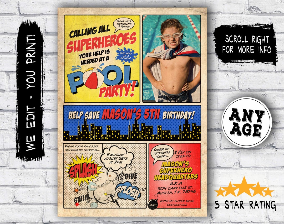 Superhero Pool Party Invitation - Pool Party Superhero Invitation ...