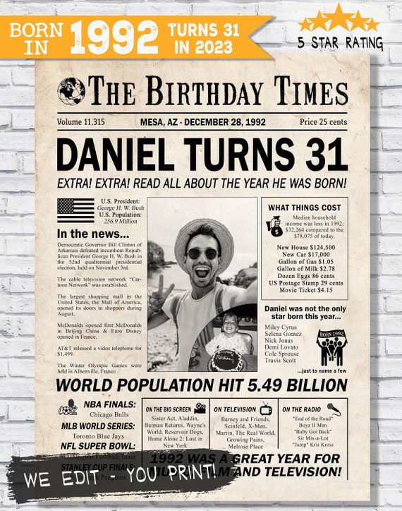 31st birthday party decor - In the year 1992 gift for him - Back In ...