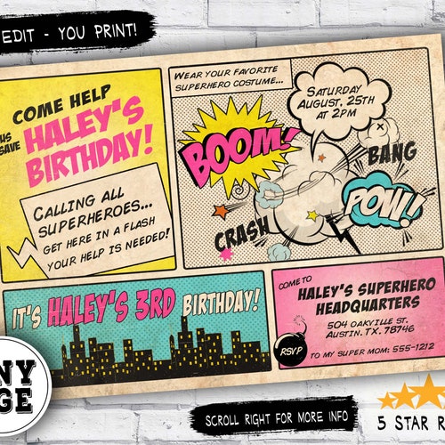 Comic Book Invitation Superhero Birthday Invitation Instant - Etsy