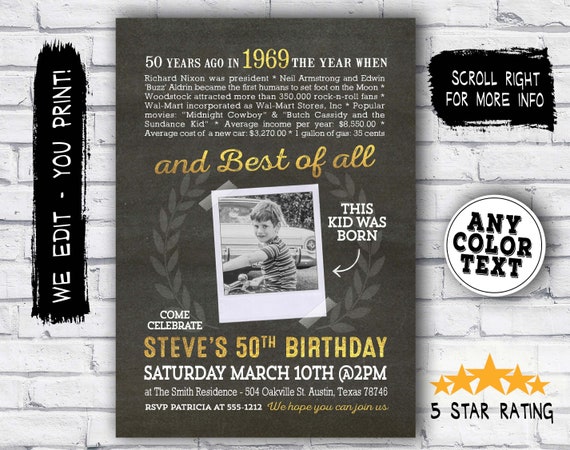 50th Birthday INVITATION for men - Back in 1969 - in the year 1969 ...