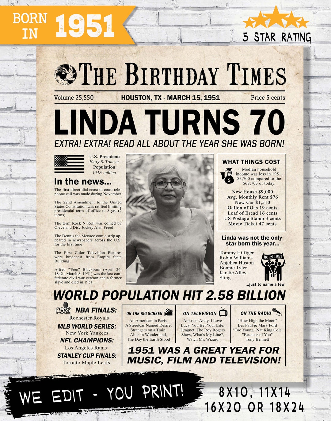 In the Year 1951 PRINTABLE Newspaper Poster Back in 1951 1951 Facts for ...