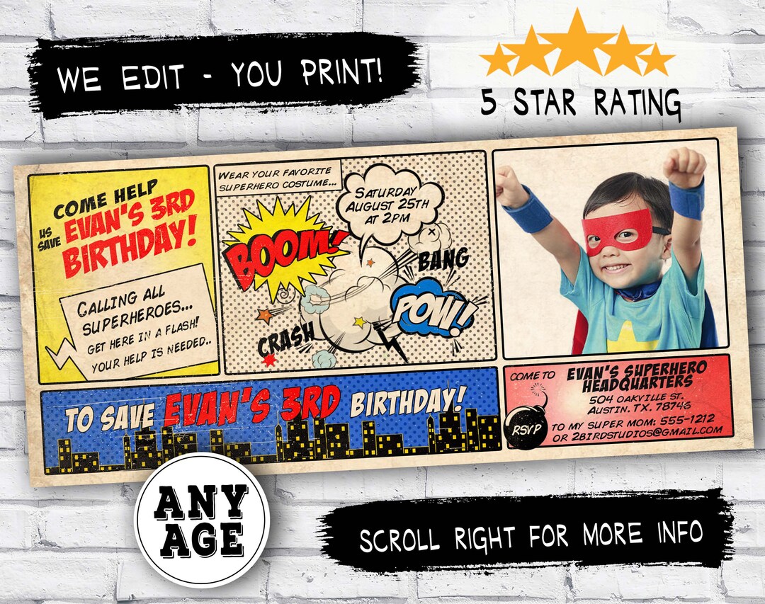 Comic Book Superhero Invitation / VINTAGE Superhero Birthday Invite DIY ...