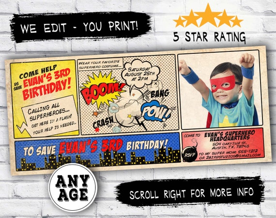 Comic book superhero Invitation / VINTAGE Superhero birthday | Etsy