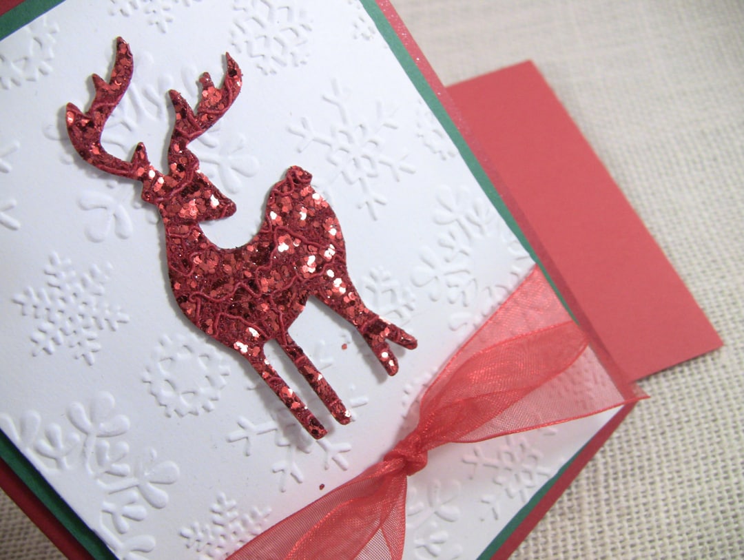 4 Handmade Christmas Cards, Glittery Red Reindeer on Embossed White ...