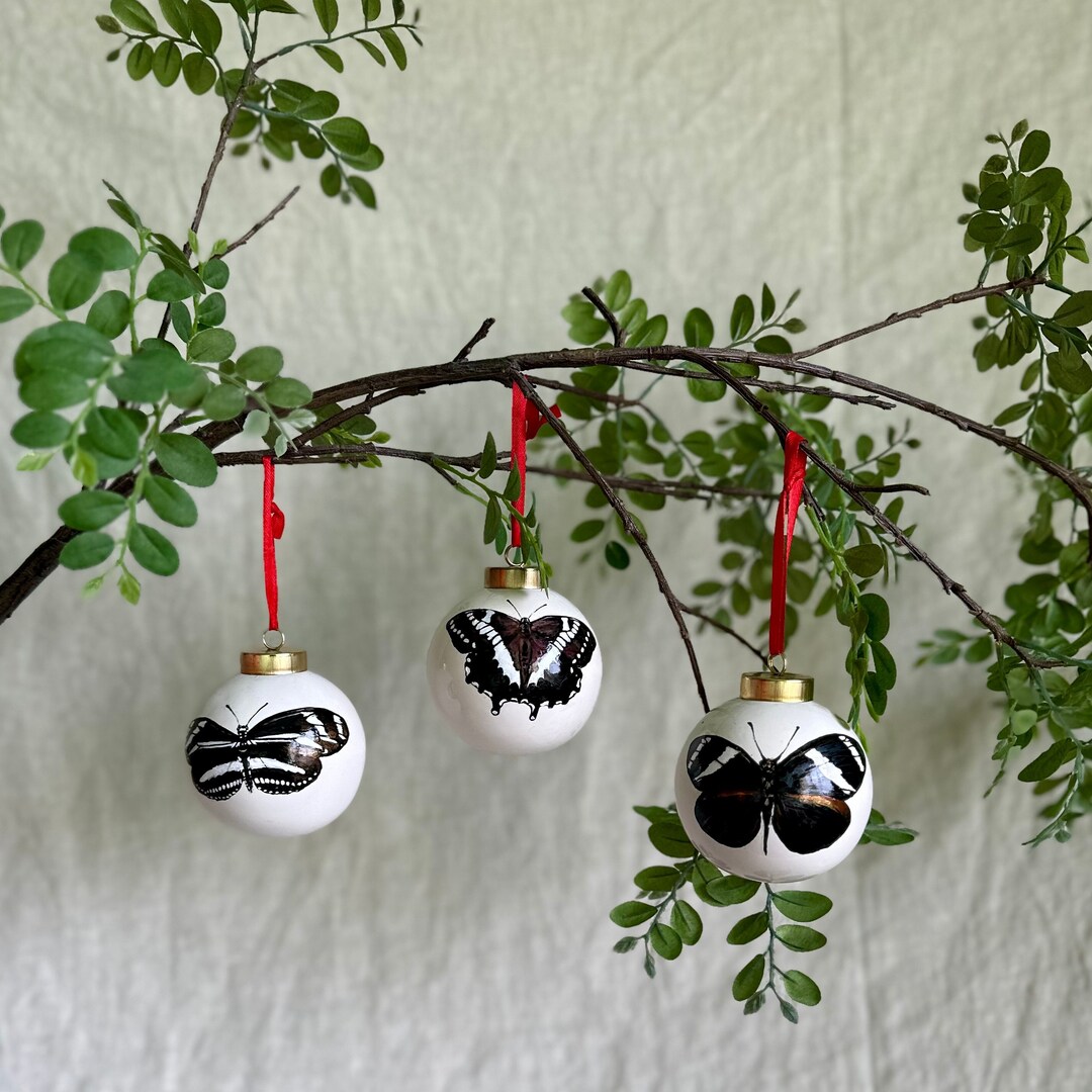 Hand Painted (S/3) Black & White Porcelain Ornaments by Carrie Ann ...
