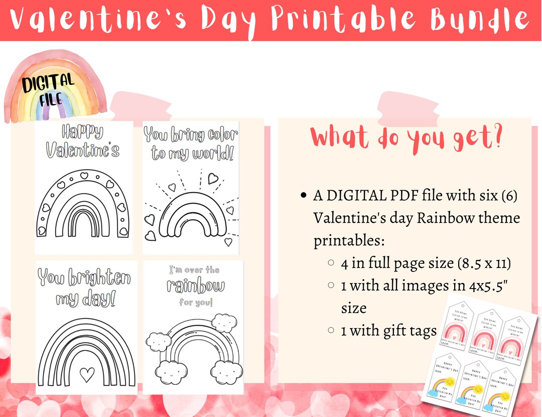 PRINTABLE Rainbow Valentine's Day Coloring Pages Bundle | Digital ONLY ...