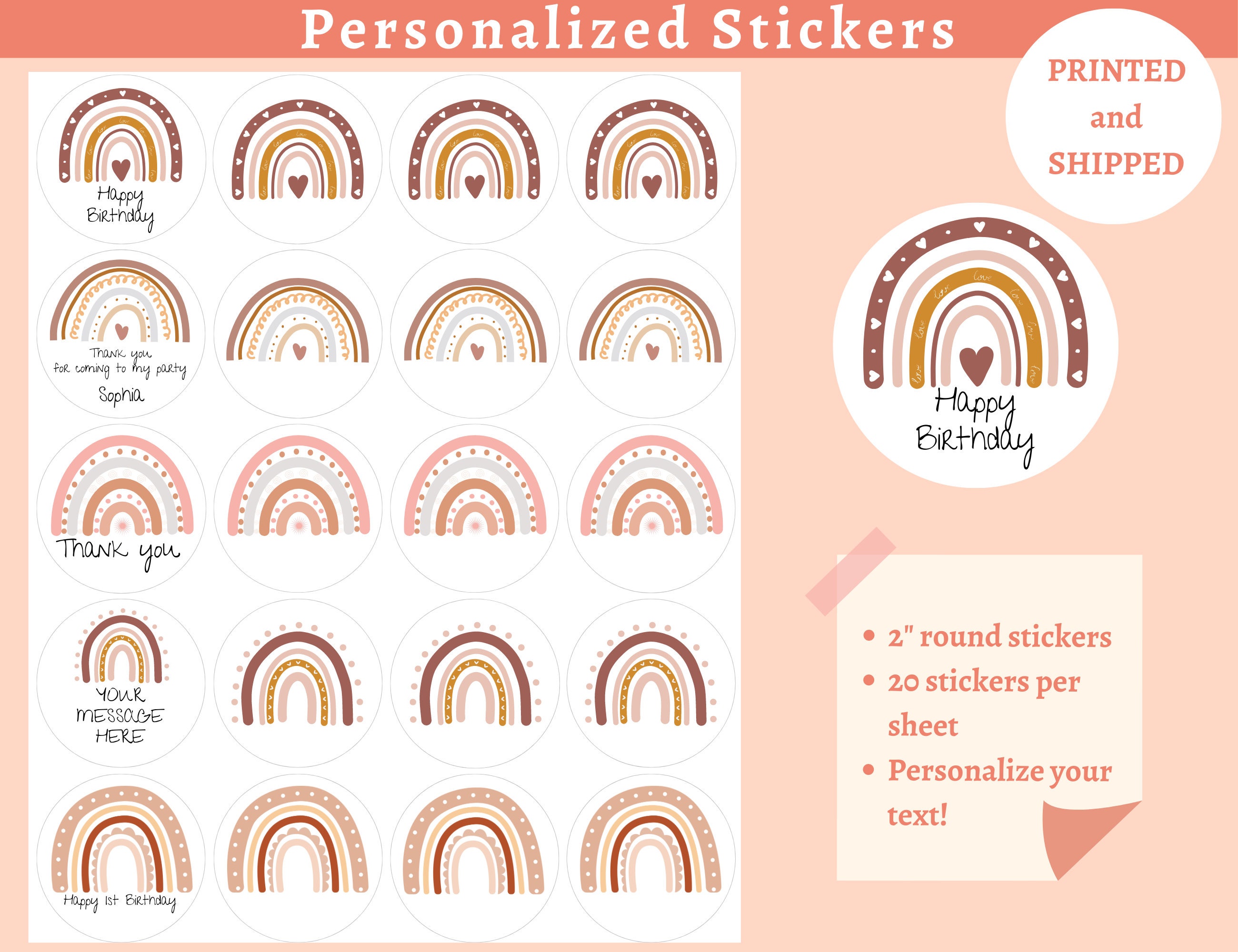 Boho Rainbow Stickers Party Favor Stickers Customizable Circle, Round ...