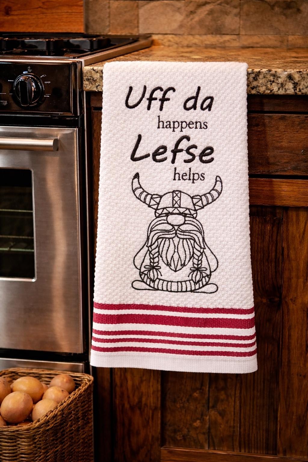 UFF DA Happens Lefse Helps Funny Scandinavian Design Embroidered Towel ...