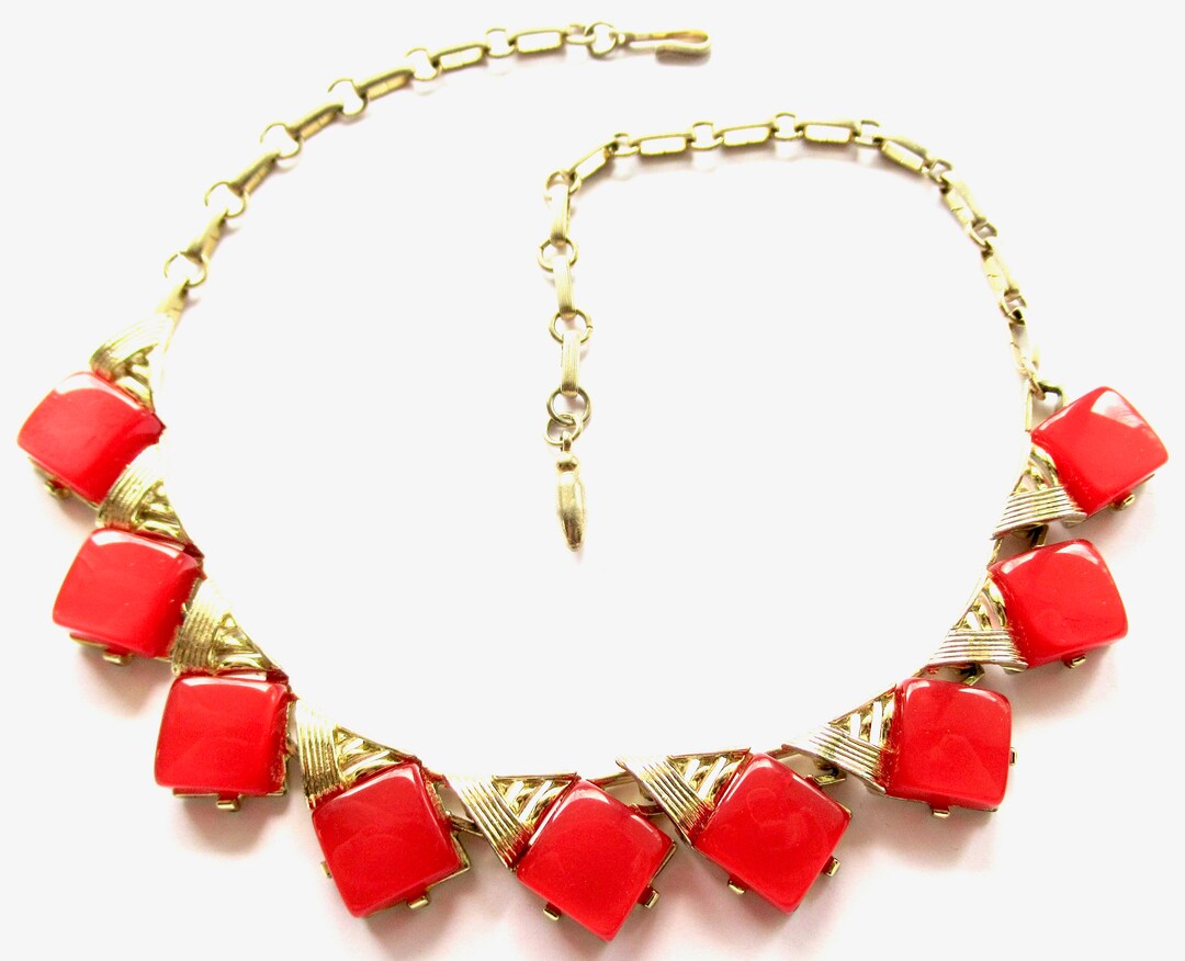 Vintage CORO Red Lucite Plastic Chiclets Mid Century Golden Links ...