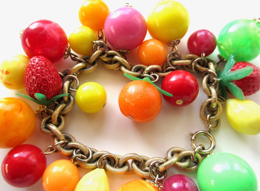 Vintage CHA CHA Fruit Salad Charm Bracelet Mid Century Fun Colorful ...