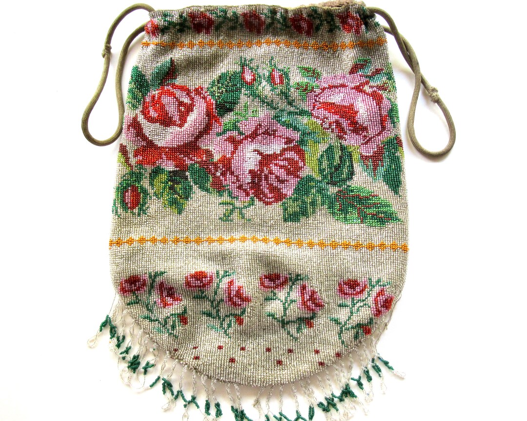 Antique Victorian Drawstring Micro Beaded Roses and Leaves Handbag - Etsy