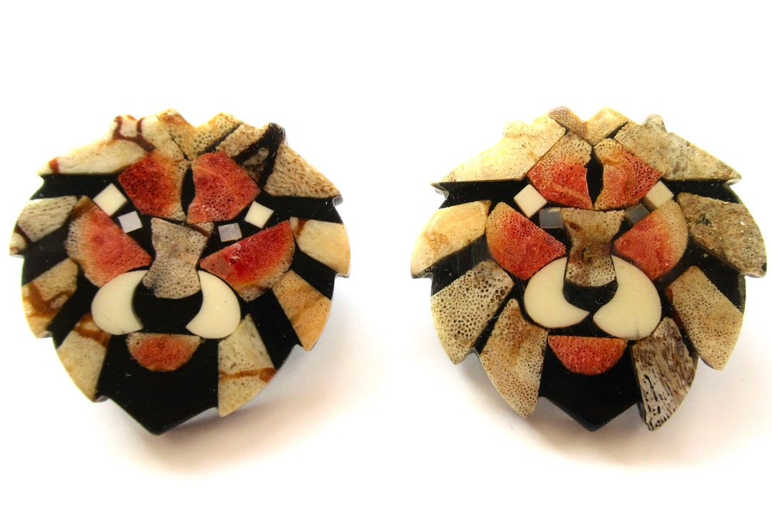 Vintage Lee Sands Lion Earrings Large Mosaic Red Sponge Coral Mother of ...