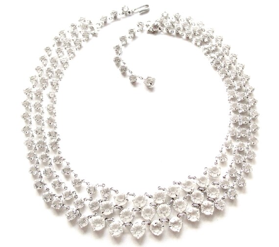 Vintage Art Deco Glass Crystal Three Strand Necklace - Gem