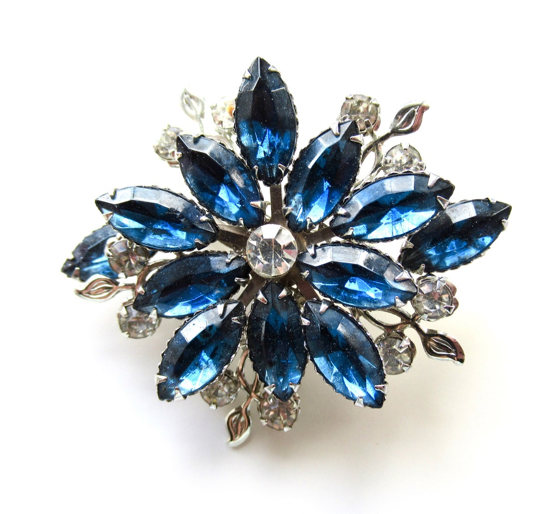 Vintage Brilliant Blue and Clear Rhinestones Silver Tone - Etsy